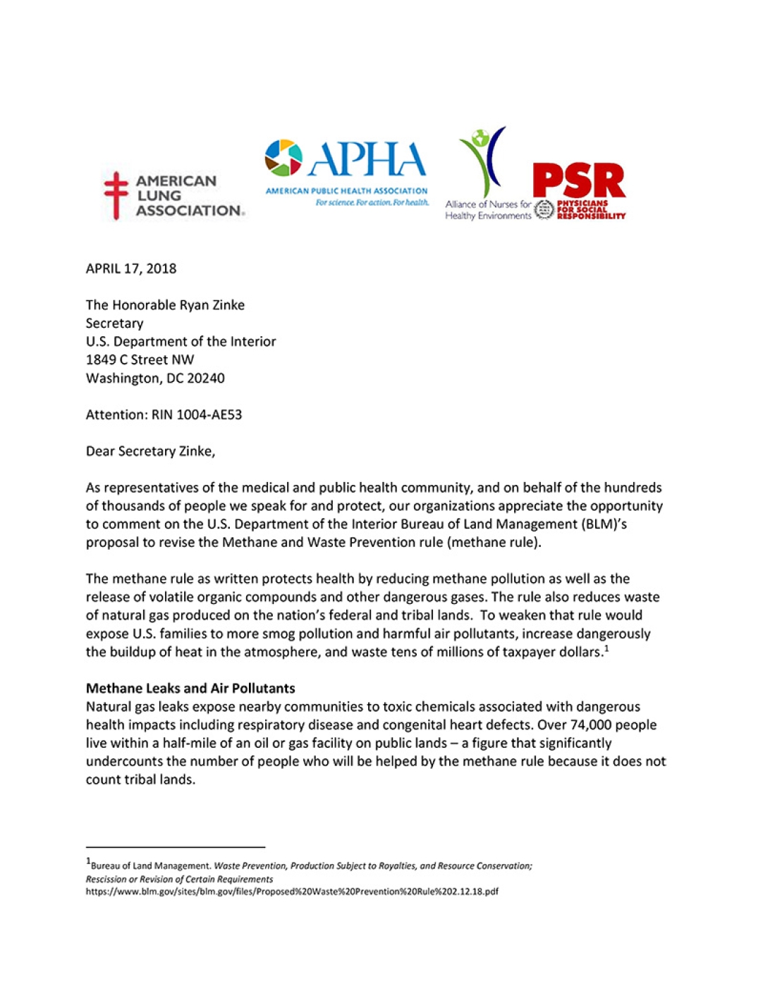 Health Organization Letter to U.S. Department of Interior Secretary ...