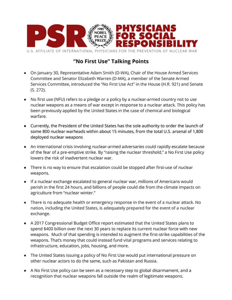 No First Use Talking Points | Physicians for Social Responsibility