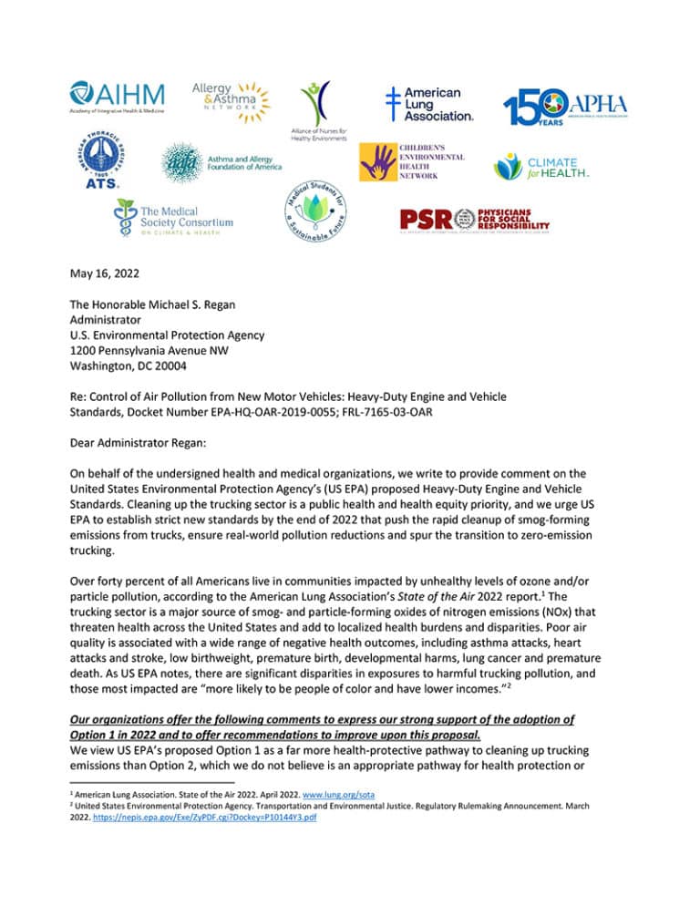 Letter to EPA on Air Pollution from Heavy-Duty Trucks | Physicians for ...